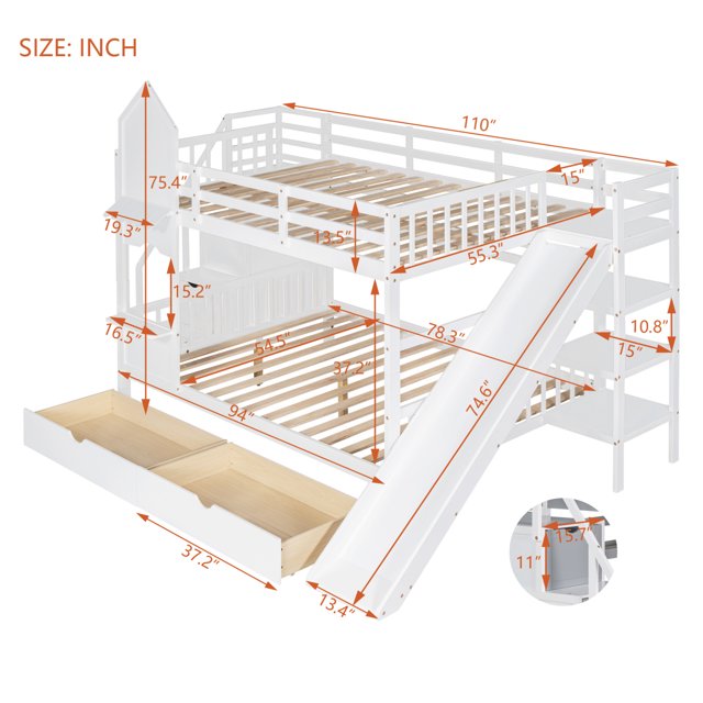 Full Over Full Bunk Bed for Kids, Castle Style Full Bunk Beds with Sli ...