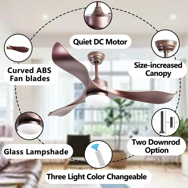 52“ Modern Rose Gold Ceiling Fans Light, Classical Style Fan with Remo ...