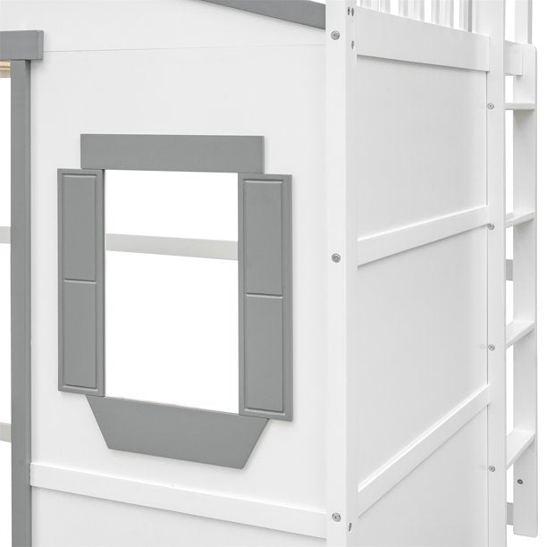 Full Size Loft Bed House Loft Bed with Window and Wall Solid Wood Play ...