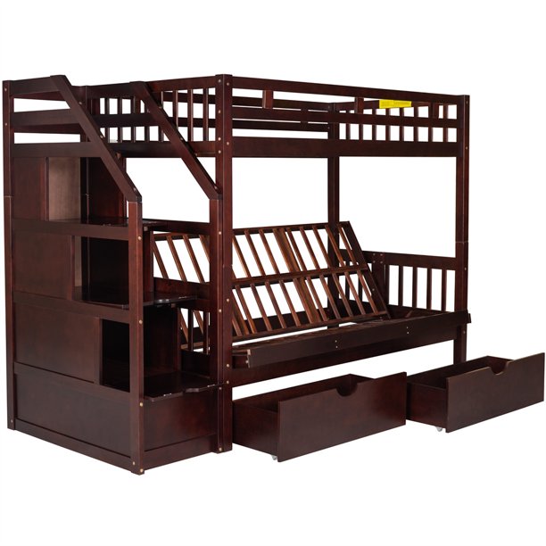 Convertible Futon Bunk Bed with Two Drawers and Storage Staircase Wood ...