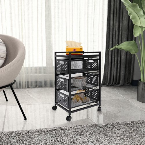 3-Tier Shelving Wheeled Organizer,Mesh Storage Drawer Cart with Lock o ...