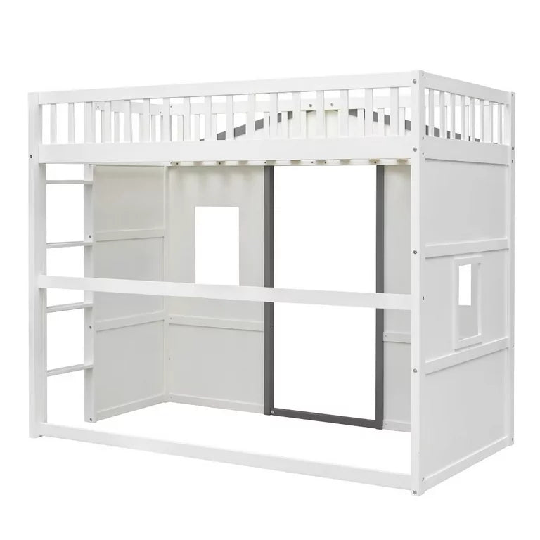 Twin Size House Loft Bed with Windows and Doors Design, Solid Wood Lof ...