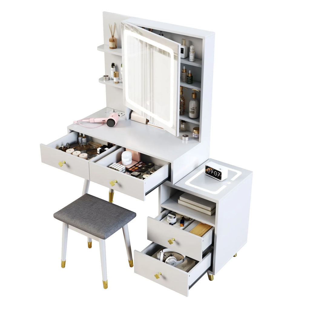 Vanity Makeup Mirror Desk with Cushioned Stool, Makeup Vanity Desk wit ...