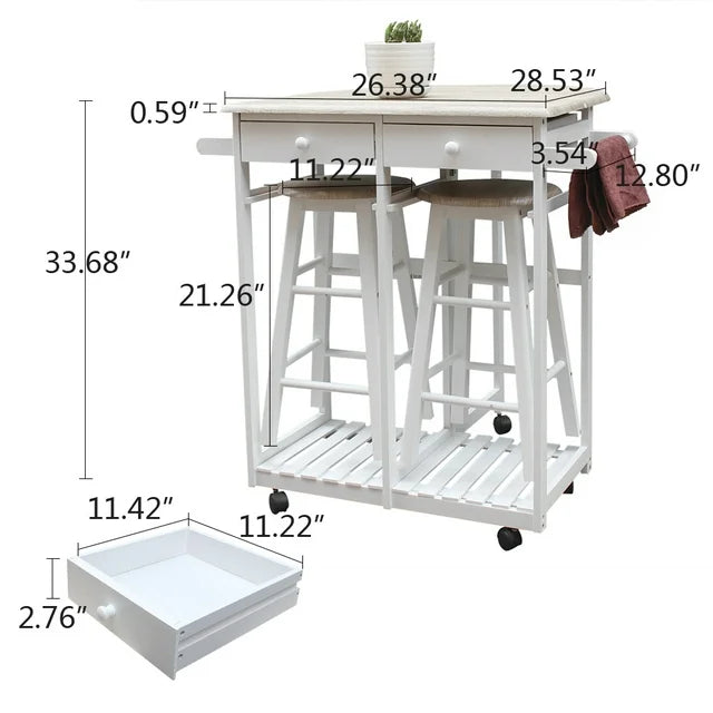 Wooden Rolling Dining Table Cart, Folding Kitchen Bar Table with 2 Dra ...