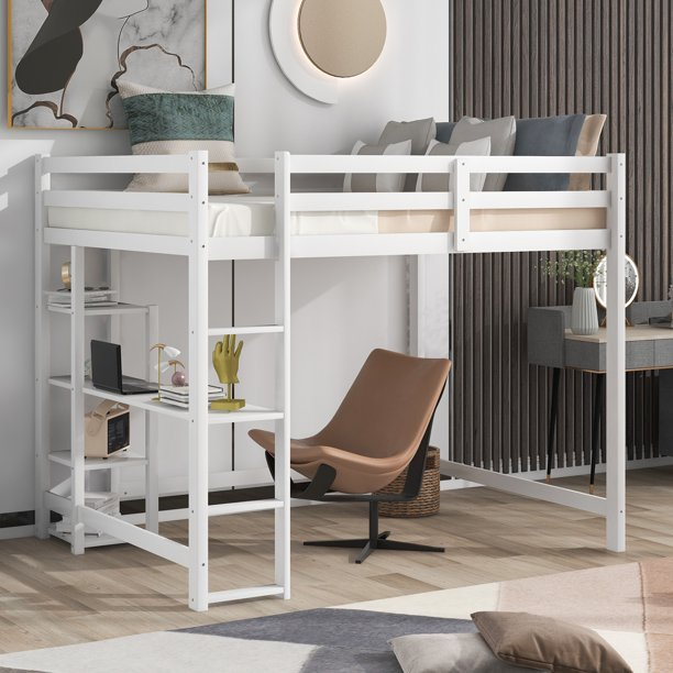 Full Loft Bed with Desk and Shelves, Wood High Loft Bed with Ladder an ...